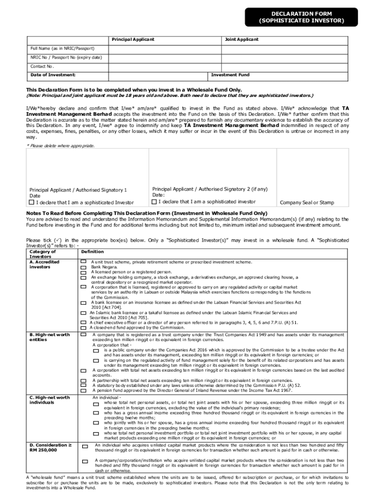 Fillable Online DECLARATION FORM (SOPHISTICATED INVESTOR) Fax Email ...