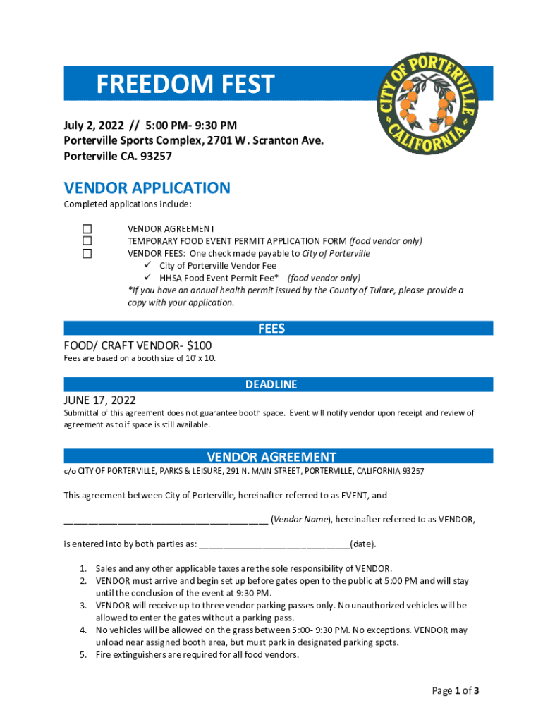 Fillable Online VENDOR AGREEMENT - Porterville Air Faire - Revize Fax ...