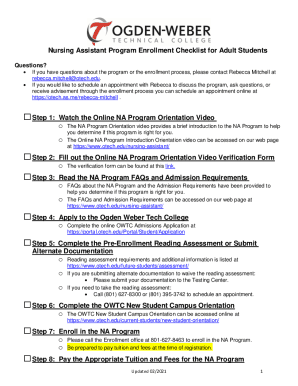 Fillable Online Nursing Assistant Program Enrollment Checklist for Adult Students Fax Email ...