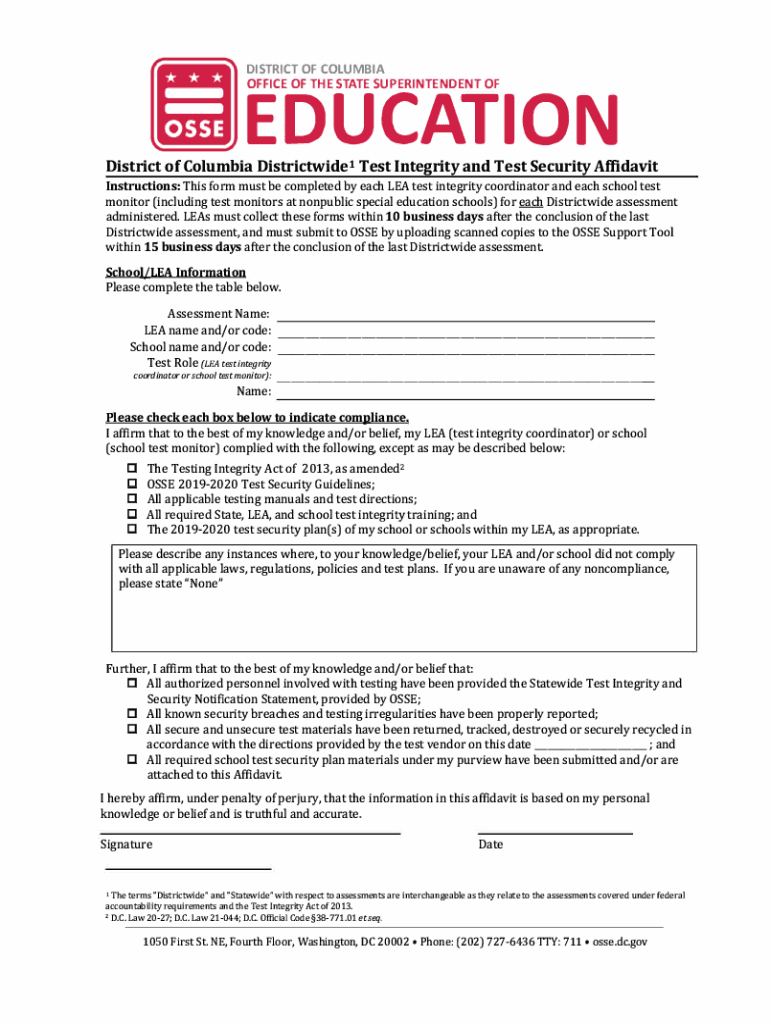 Fillable Online 2021 Test Integrity Affidavit - DC.gov Fax Email Print ...