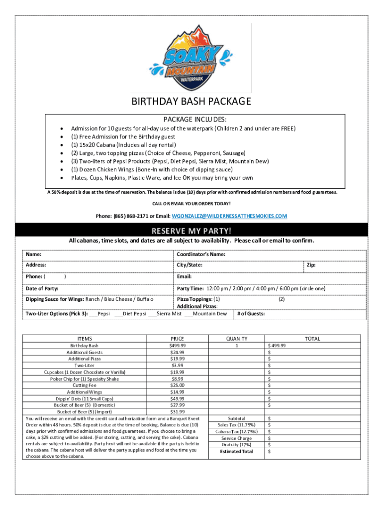 Fillable Online BIRTHDAY BASH PACKAGE - Wilderness at the Smokies Fax ...