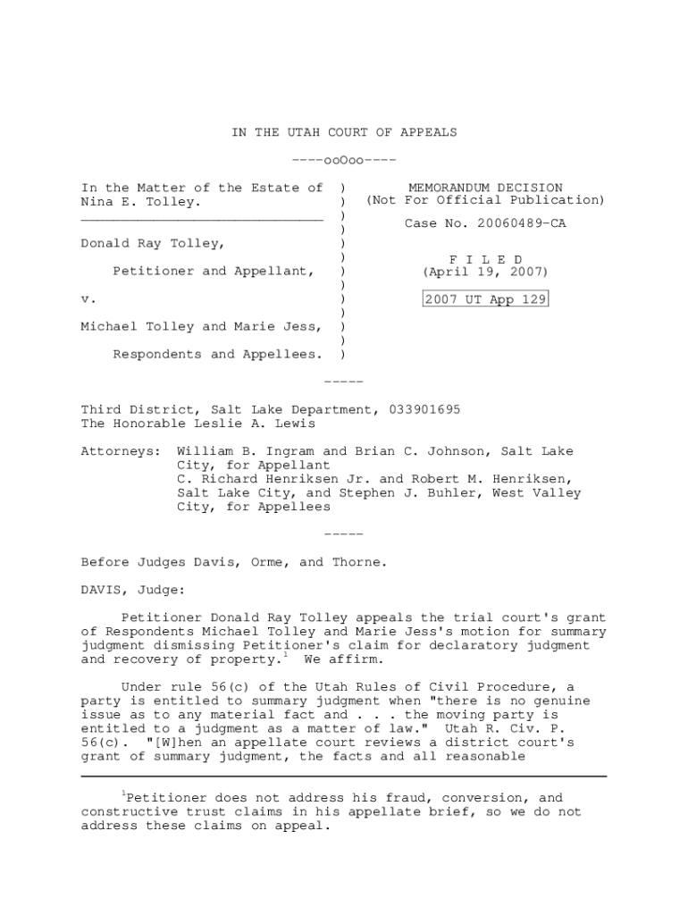 Fillable Online Donald Ray Tolley v. Michael Tolley, Marie Jess : Reply ...