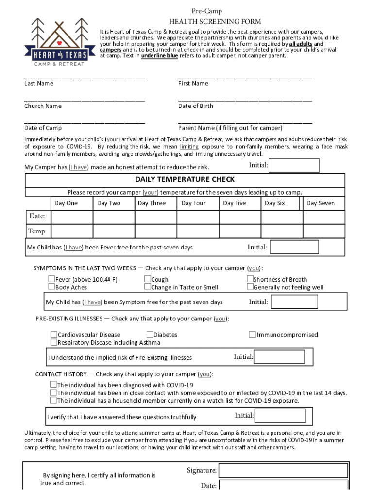 Fillable Online Pre-Camp Health Screening Form Template Fax Email Print ...
