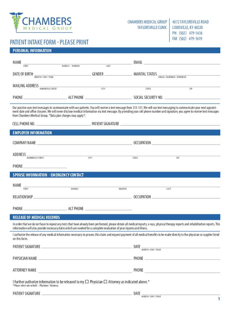 Fillable Online Patient Intake Form - Chambers Medical Group Fax Email ...