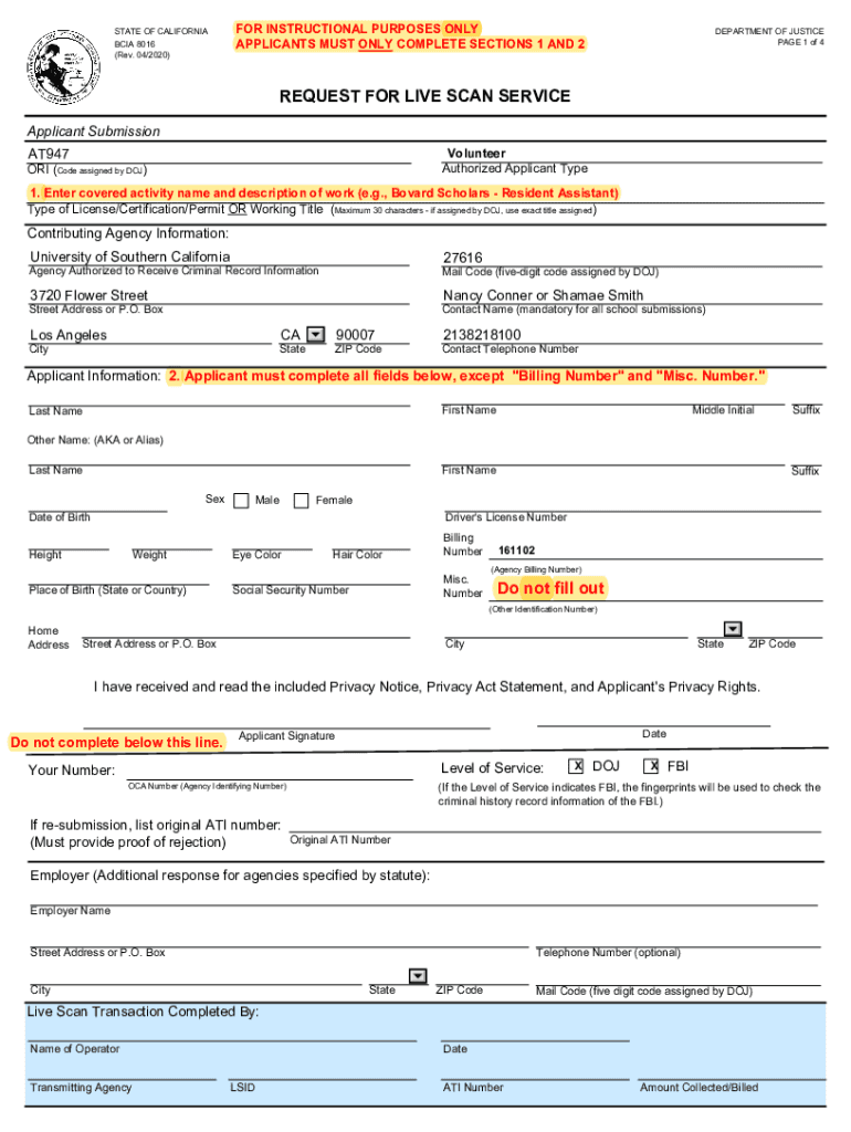 Fillable Online REQUEST FOR LIVE SCAN SERVICE Do not fill out Fax Email ...