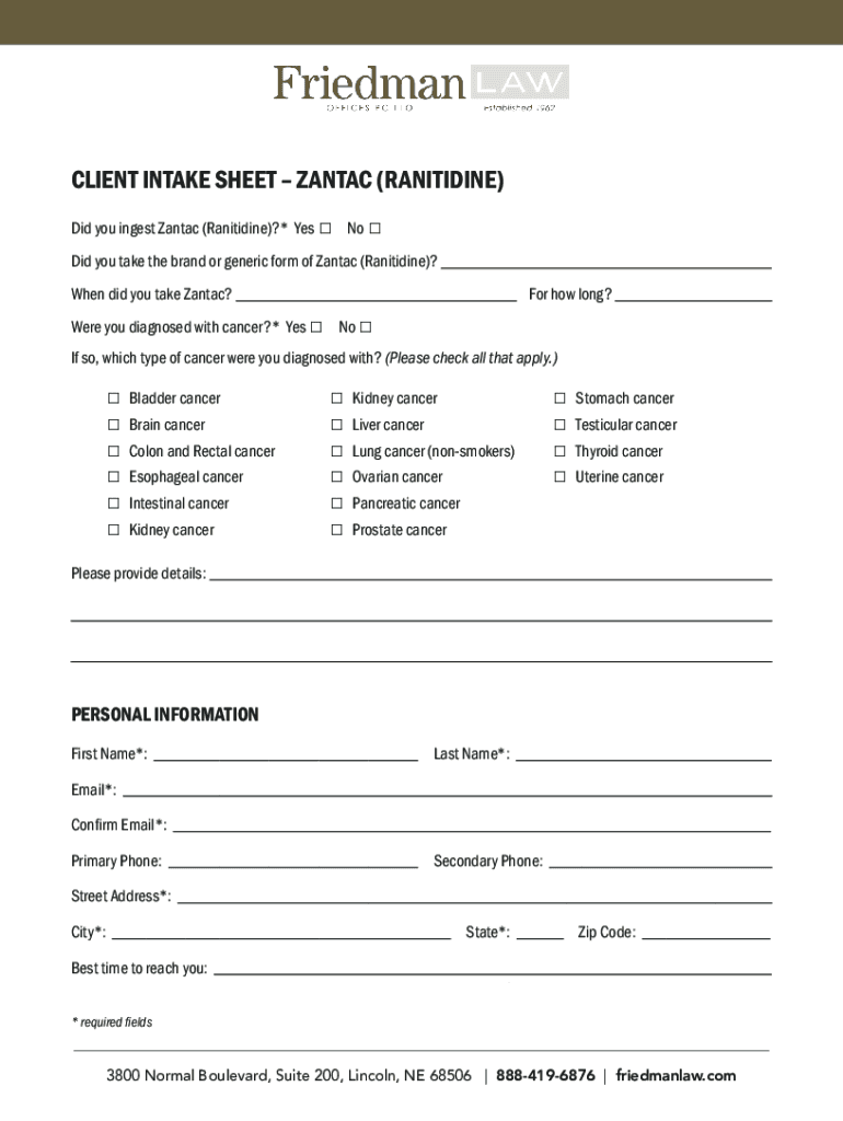 Fillable Online CLIENT INTAKE SHEET ZANTAC (RANITIDINE) Fax Email Print ...