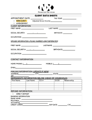 Fillable Online CLIENT DATA SHEETS APPOINTMENT DATE: CLIENT ... Fax ...