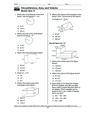 Fillable Online Module 9 Circumference Area And Volume Module Quiz D ...