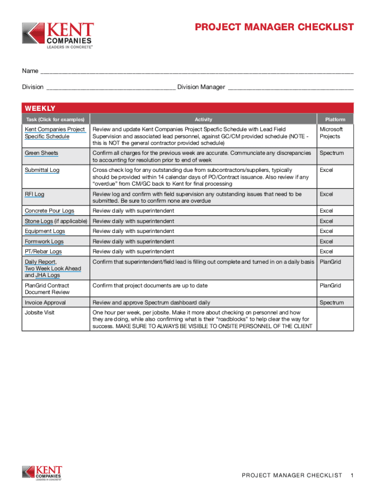 Fillable Online PROJECT MANAGER CHECKLIST - Kent Companies Fax Email ...