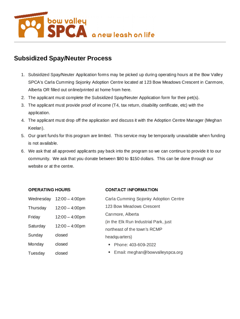 Subsidized Spay/Neuter Application - Bow Valley SPCA Doc Template ...