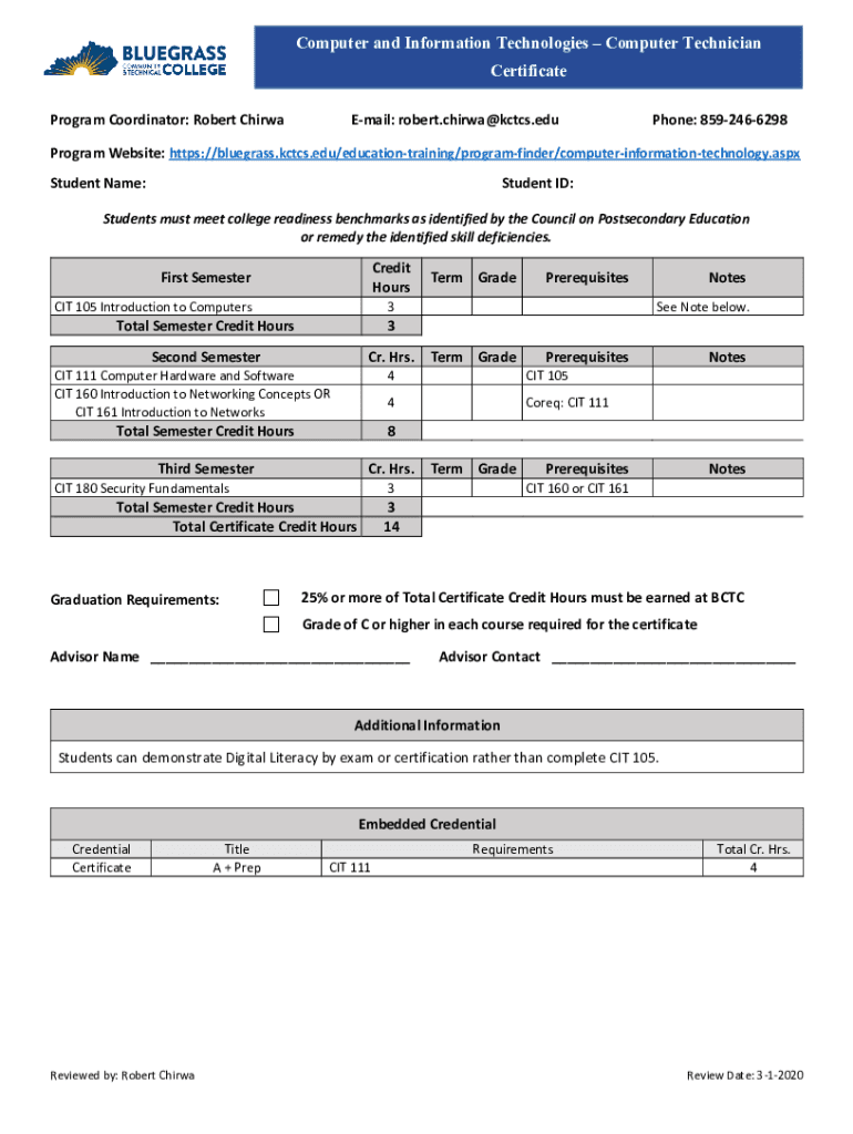 Fillable Online Computer Technician Certificate - KCTCS Fax Email Print ...
