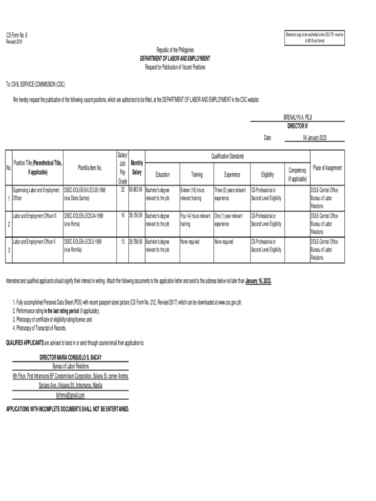 Fillable Online CS Form No. 9 - DOLE Fax Email Print - pdfFiller