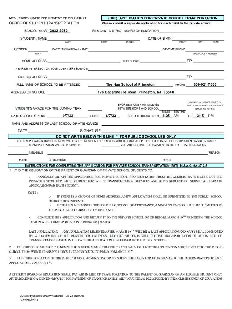 Fillable Online (B6T) Application for Private School Transportation Fax ...