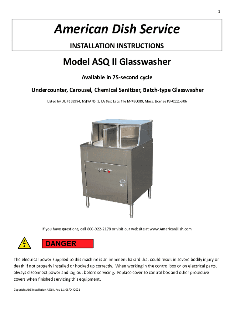 Fillable Online American Dish Service ASQ II 34 Loads/Hr Super Q Low ... Fax Email Print - pdfFiller