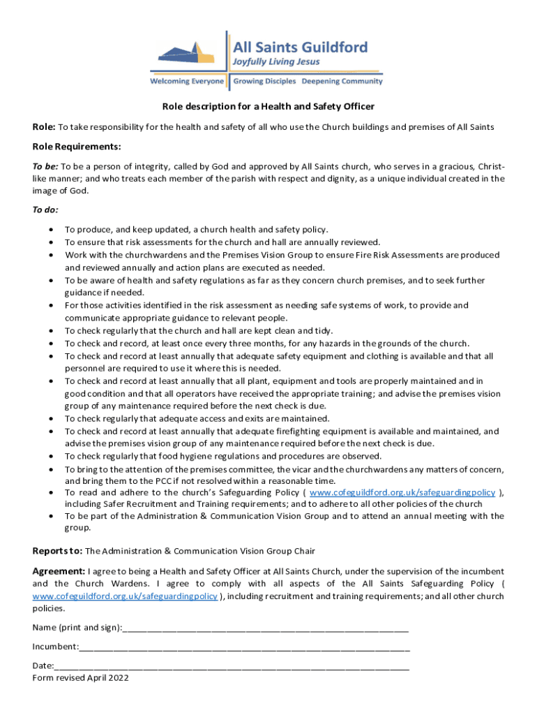 Fillable Online Role description for a Health and Safety Officer ...