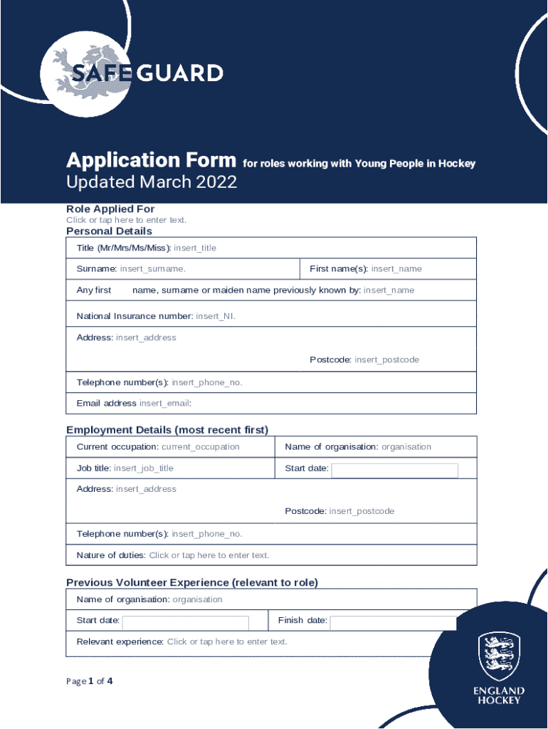 Application for roles working with Young People in Hockey Doc Template ...