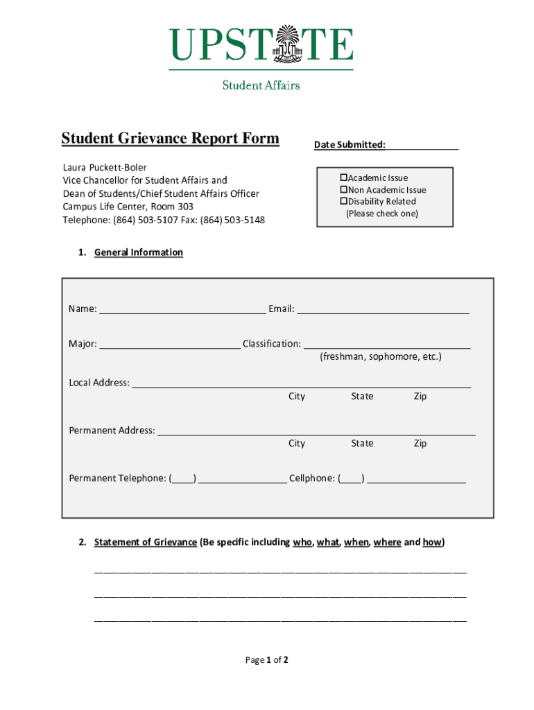 Fillable Online Student Grievance Report Form - USC Upstate Fax Email ...
