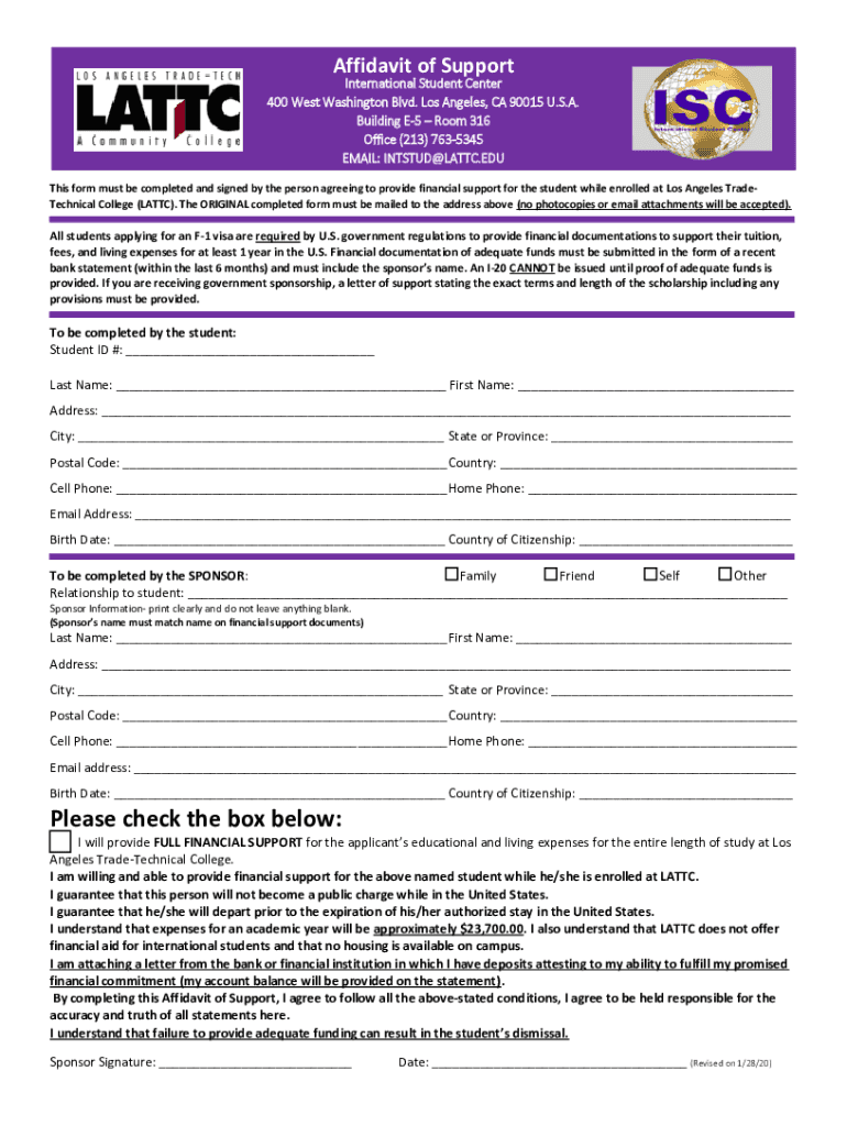 Fillable Online Affidavit of Support - Los Angeles - LATTC Fax Email ...