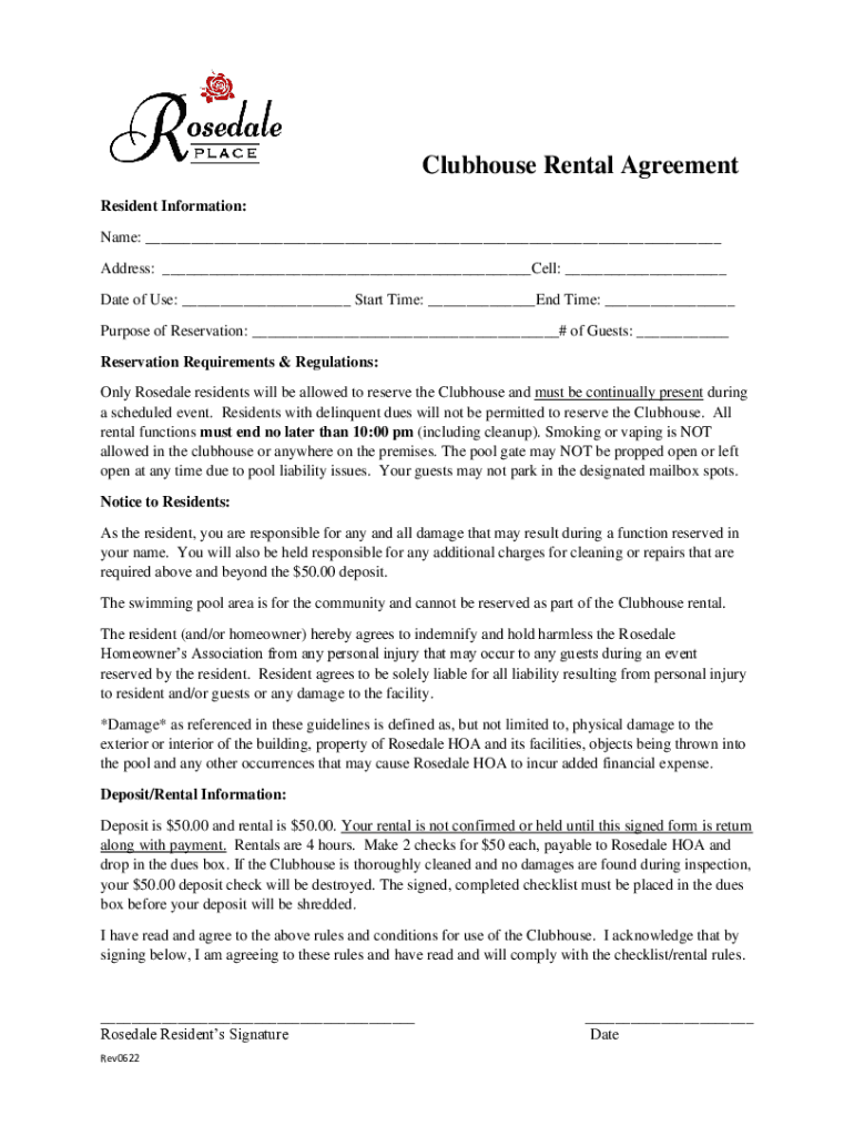Fillable Online Rosedale Clubhouse Rental Agreement Fax Email Print ...