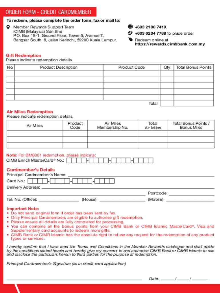 Fillable Online ORDER FORM - CREDIT CARDMEMBER - CIMB Bank Fax Email ...