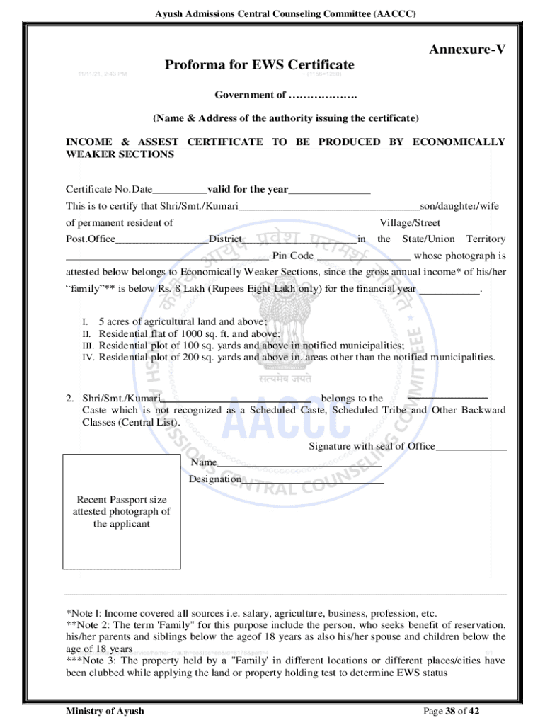 Fillable Online Annexure-V Proforma for EWS Certificate Fax Email Print ...