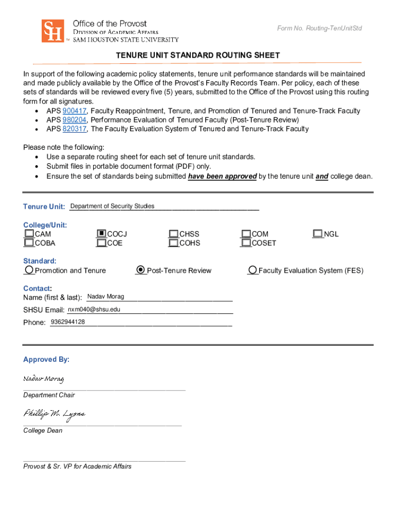 Fillable Online Tenure Unit Standards - Sam Houston State University ...