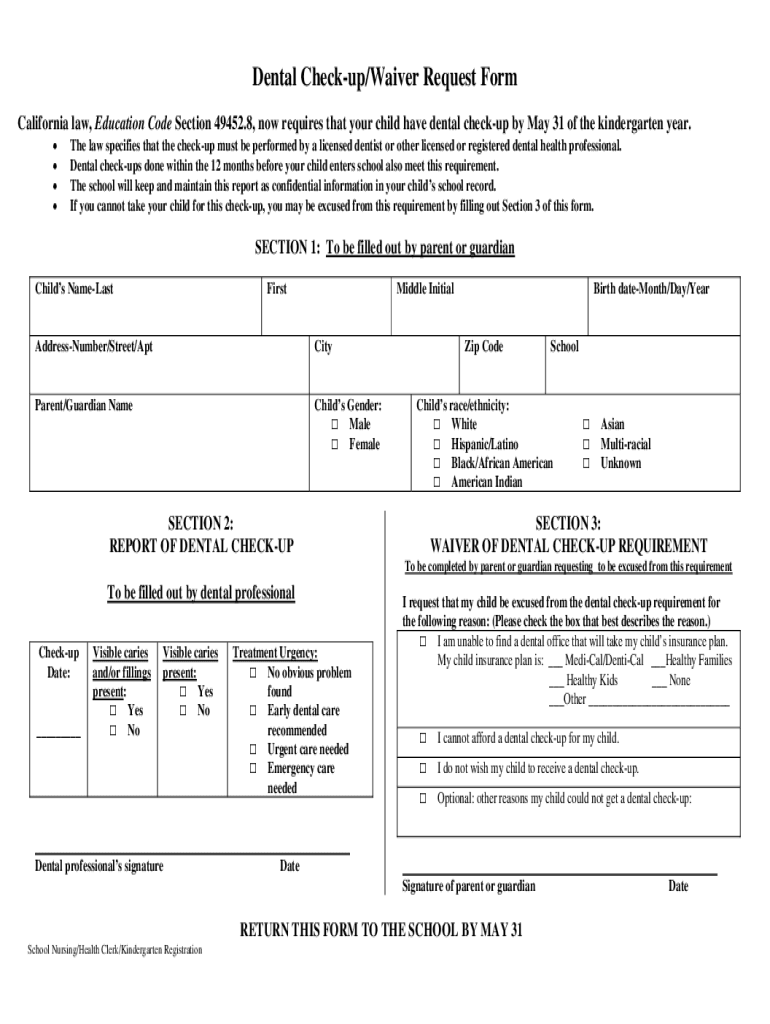 Fillable Online Report of Dental Check-up /Waiver Request Form Fax ...