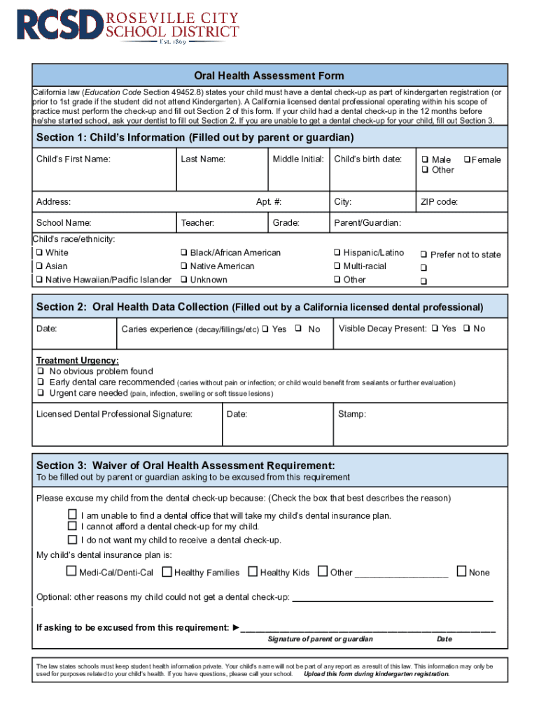 Fillable Online Oral Health Assessment Form - Santee School District ...