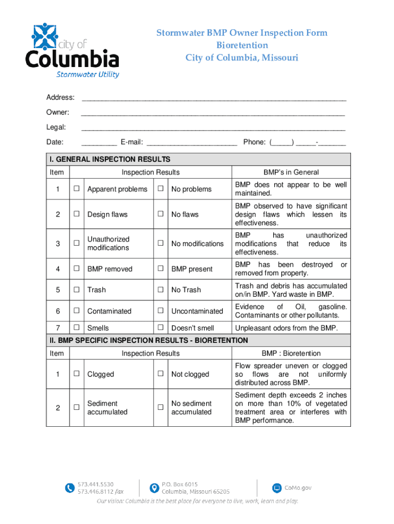 Fillable Online Stormwater BMP Owner Inspection Form Bioretention City ...