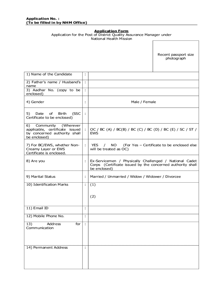 Fillable Online chfw telangana gov (To be filled in by NHM Office) Application Form Application ...
