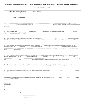 Fillable Online AFFIDAVIT FOR SELF DECLARATION BY THE LEGAL HEIR IN ...