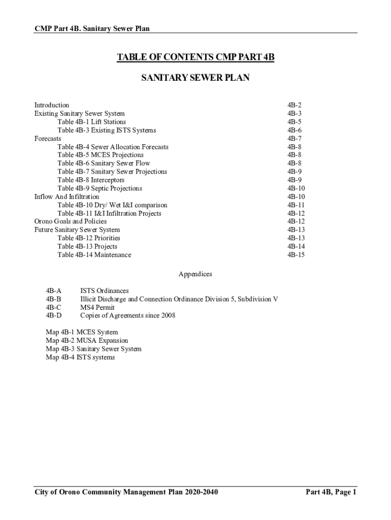 Fillable Online TABLE OF CONTENTS CMP PART 4B SANITARY SEWER PLAN Fax ...