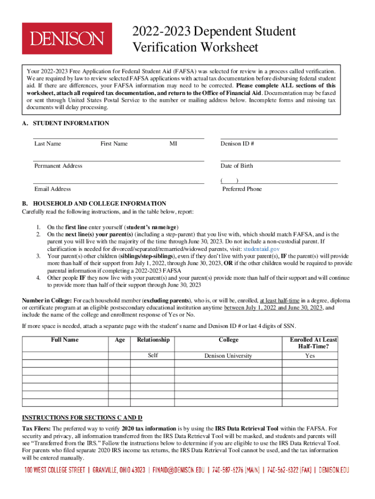 Fillable Online 2022- 2023 Verification Worksheet Dependent Student Track 1 Fax Email Print ...