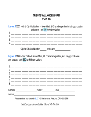 Fillable Online Tribute Wall Order Form 8x8 Fax Email Print - pdfFiller