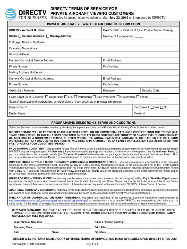 Fillable Online DIRECTV Residential Customer Agreement - Legal Policy ...