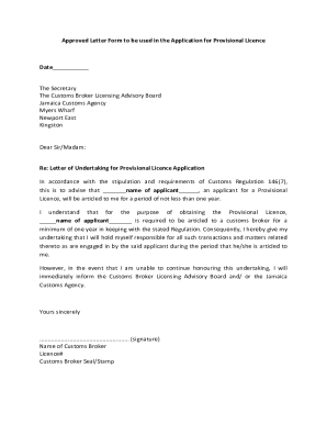 Fillable Online Approved Letter Form to be used in the Application for Provisional ... Fax Email ...