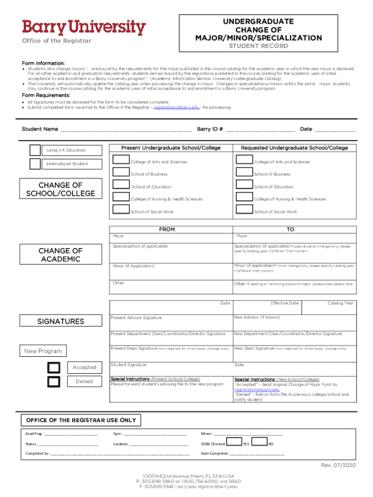 Fillable Online Undergraduate Change of Major/Minor/Specialization Form ...