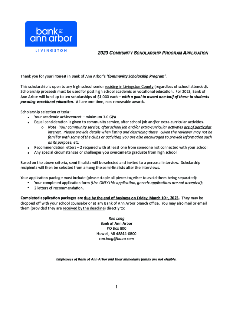 Fillable Online Bank of Ann Arbor Scholarship Application Fax Email Print - pdfFiller