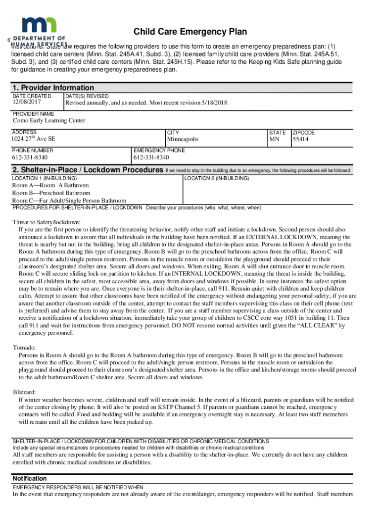Fillable Online Child Care Emergency Plan - Little Beginnings Learning ...