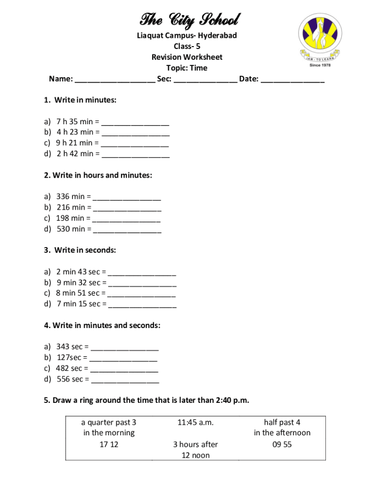 Fillable Online 5th Grade Time Worksheet Fax Email Print - pdfFiller