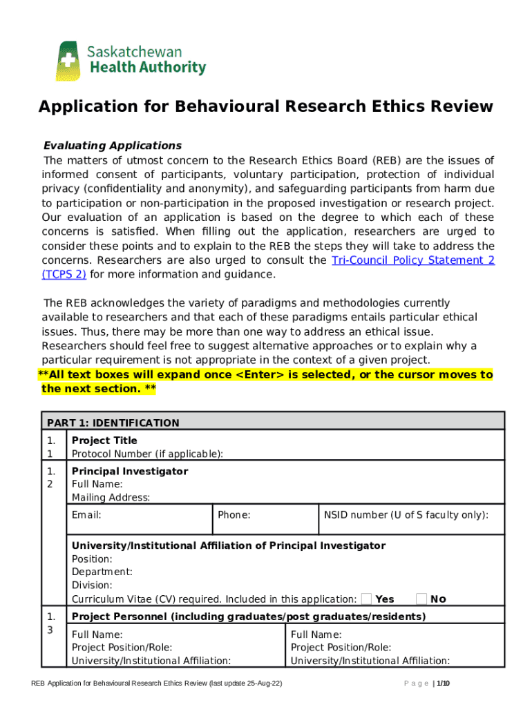 Application for Behavioural Research Ethics Review Doc Template | pdfFiller