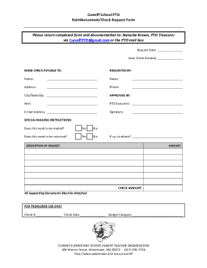 Fillable Online Cunniff School PTO Reimbursement/Check Request Form ...