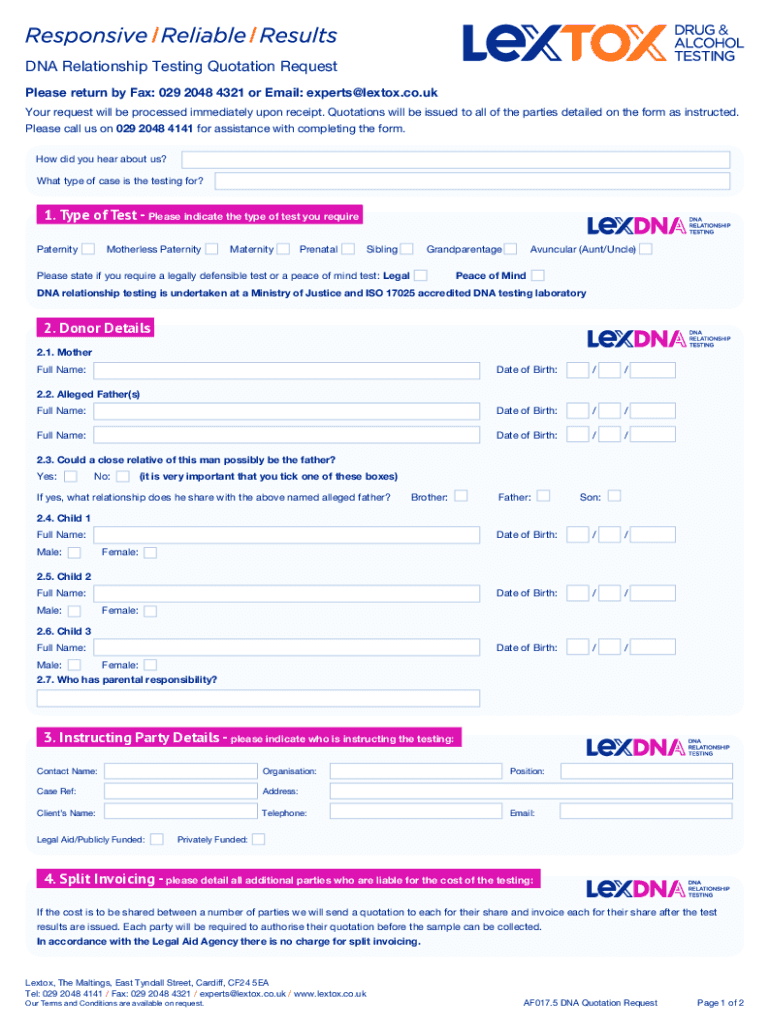 Fillable Online Request Quote for DNA, Drug, Alcohol and Forensic ...
