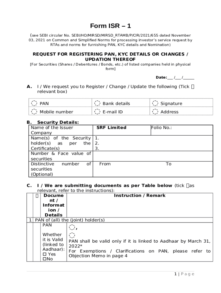 of 2 ISR1 (see SEBI circular No. SEBI/HO/MIRSD ... Doc Template | pdfFiller