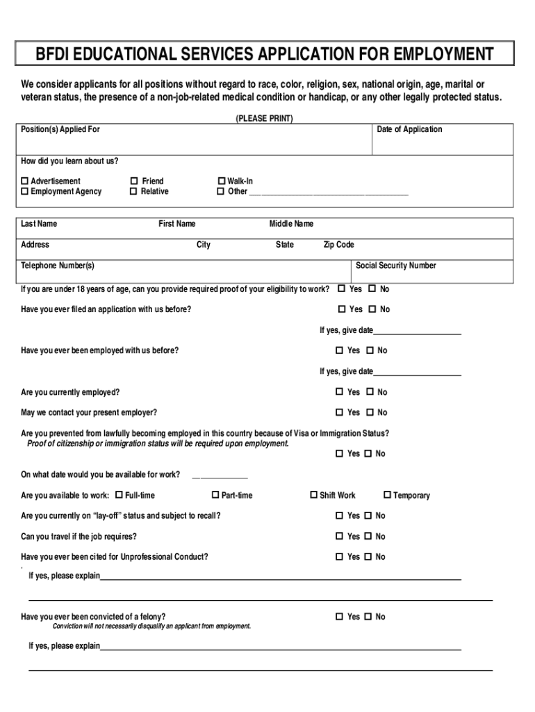 Fillable Online BFDI EDUCATIONAL SERVICES APPLICATION FOR ... Fax Email ...
