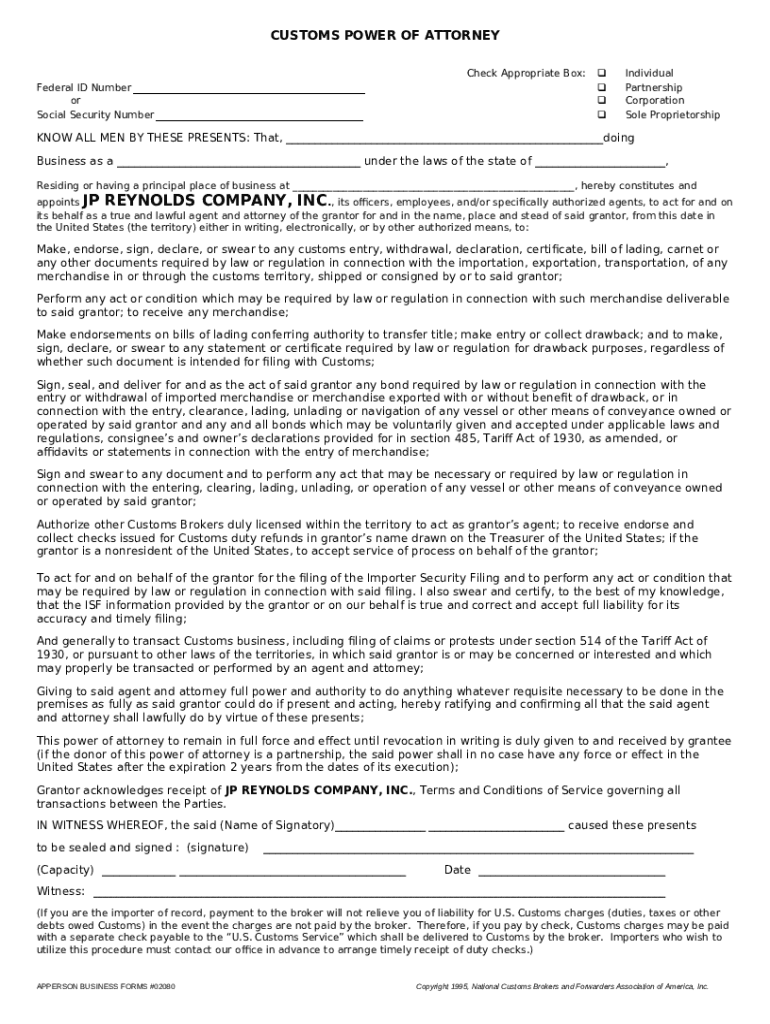 CUSTOMS POWER OF ATTORNEY TAX ID NUMBER (EIN) Doc Template | pdfFiller