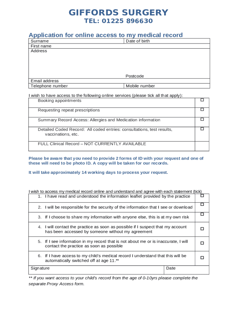 Patient Application for Online Access to My Medical Record Doc Template ...