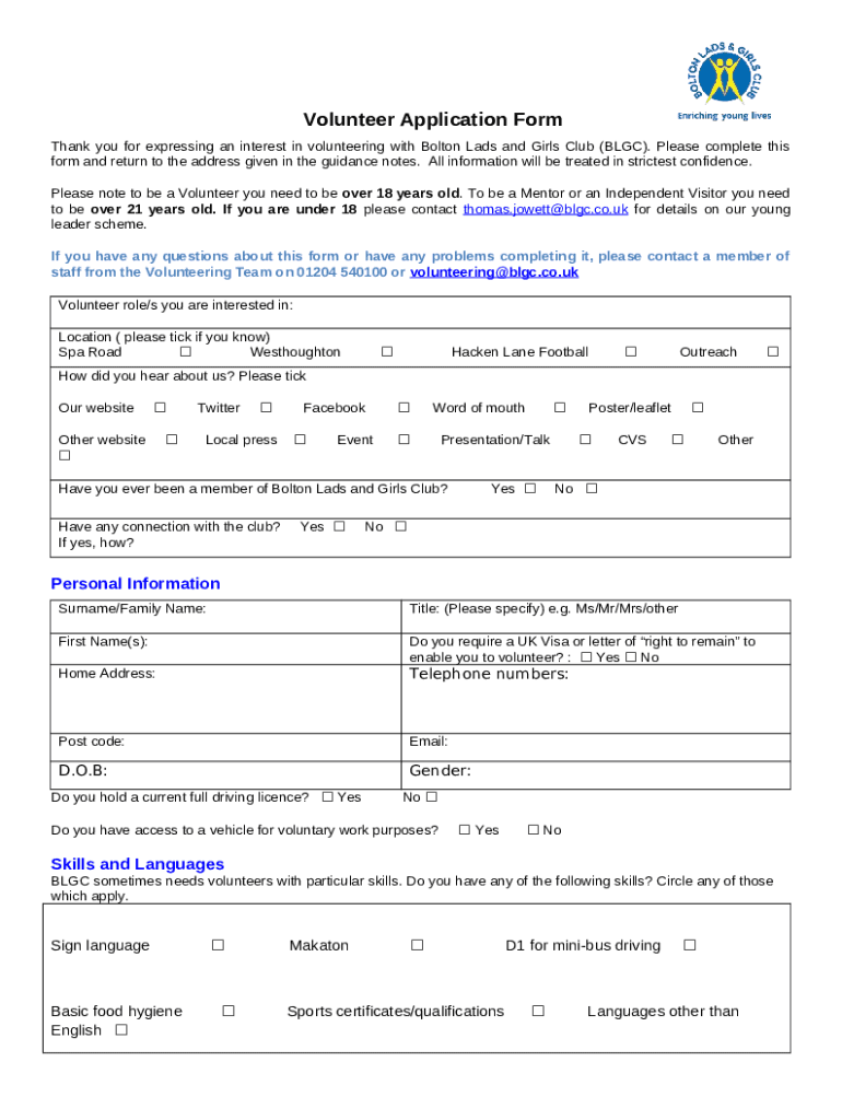 Volunteer Application - Bolton Lads and Girls Club ...