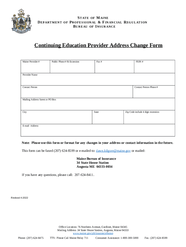 Maine Bureau of Insurance CE Provider Address Change Doc Template ...