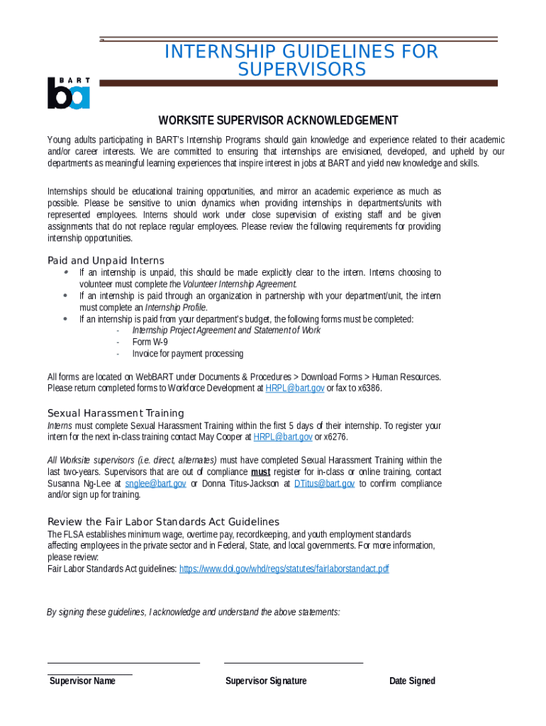 worksite supervisor acknowledgement - BART.gov - ess bart Doc Template | pdfFiller
